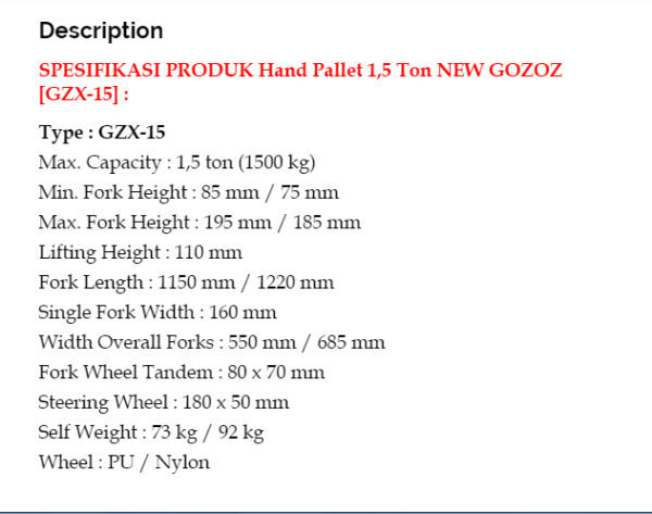 Jual HAND PALLET TRUCK NEW GOZOZ 1.5 TON GZX-15